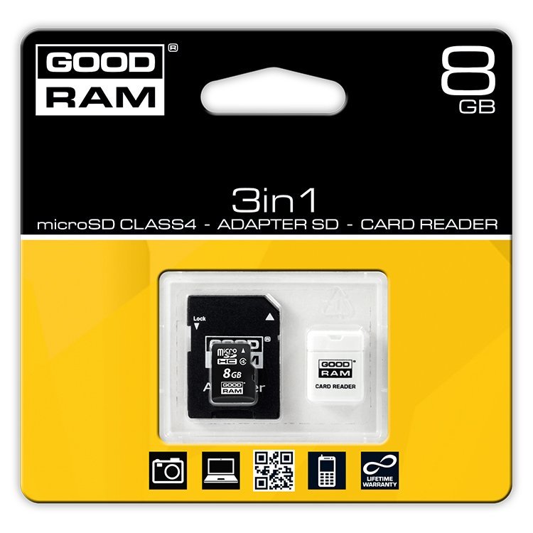 Secure Digital Card Micro 8GB Goodram 3 in 1 Class 4, with Adapter and ...