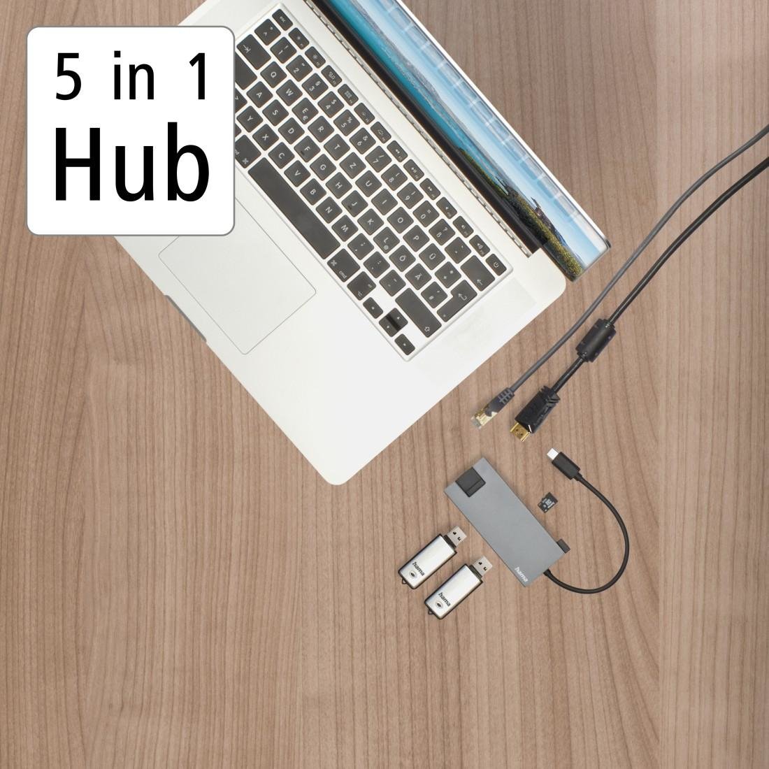 HAMA Multiport, 5-портов докинг, USB Type-C към 2x USB Type-A/ 1x USB ...