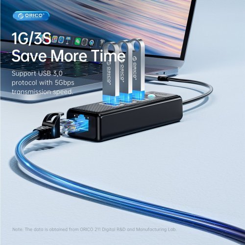 Orico хъб HUB USB3.1 3 port + LAN 1000M - PW3UR-C3-015-BK