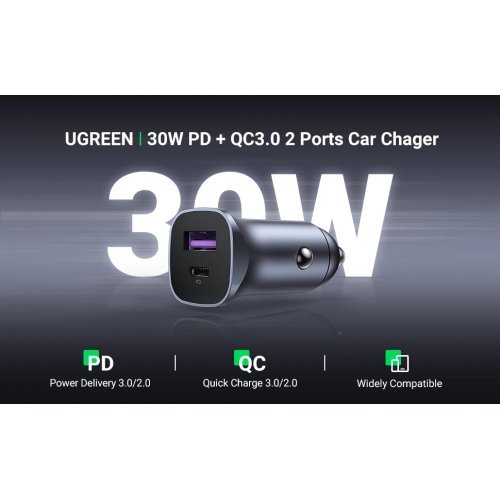 Ugreen 40858 зарядно за кола Fast Charger Car - Type-C + USB QC3.0, Power Distribution 30W CD130